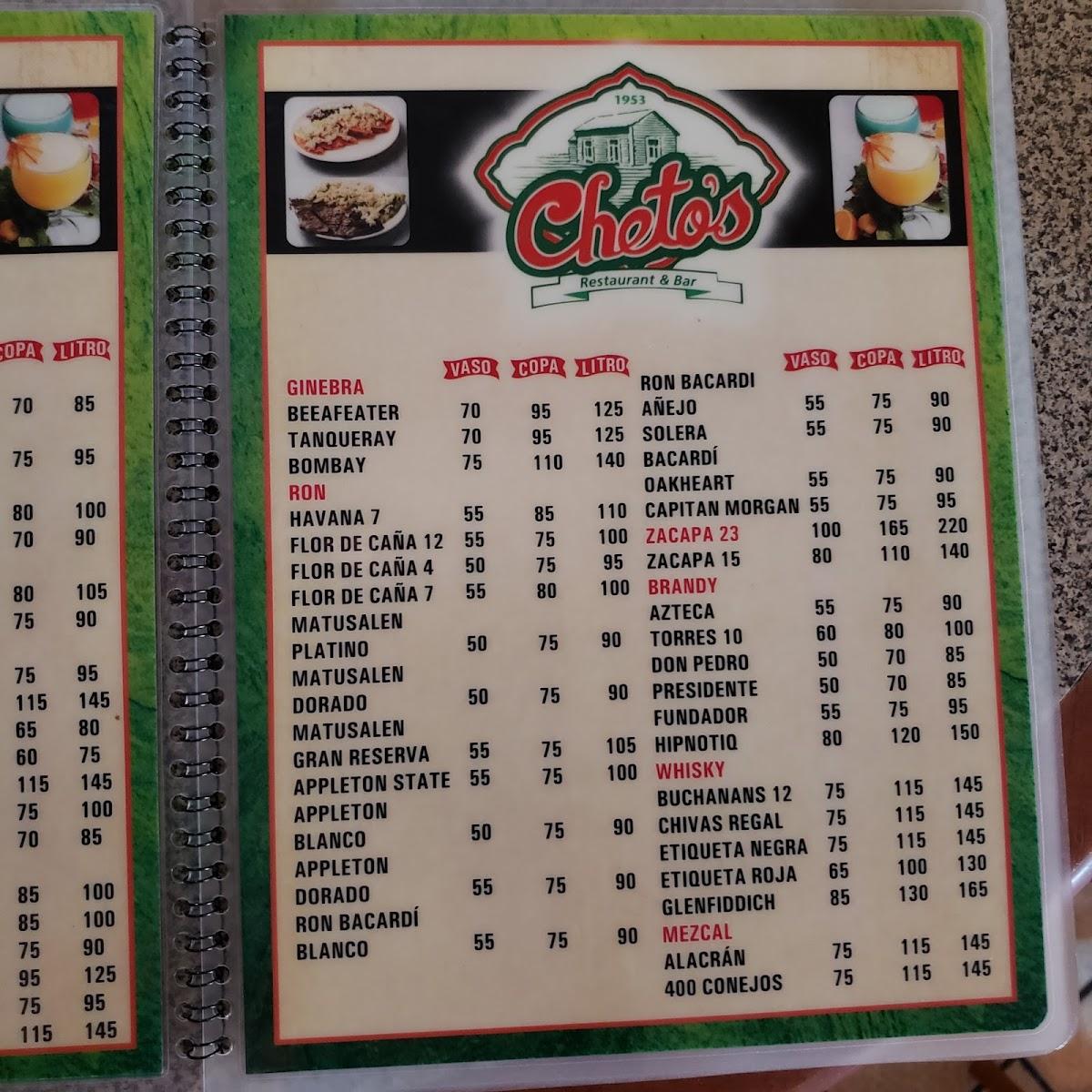 Carta de Cheto's Restaurante Bar, Tampico, Av. Ejército Mexicano 501