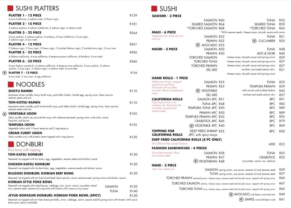 Menu at Haru restaurant, Cape Town