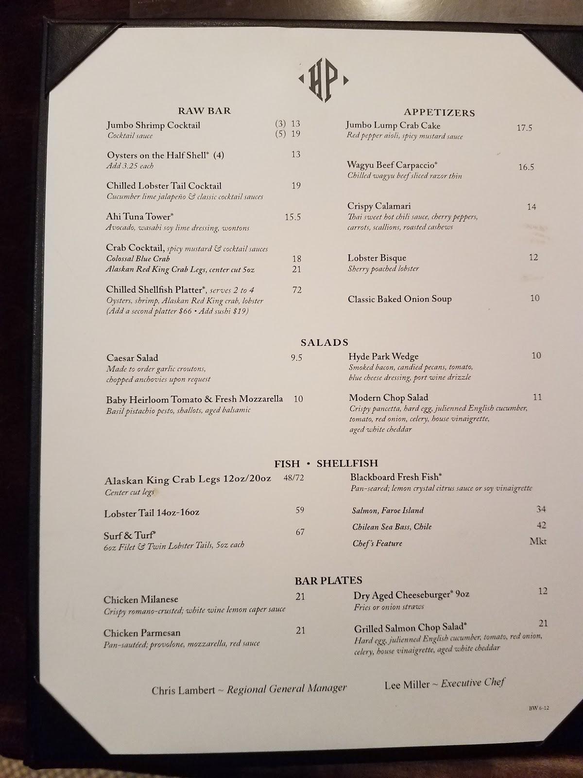 Menu at Hyde Park Prime Steakhouse, Beachwood, Chagrin Blvd