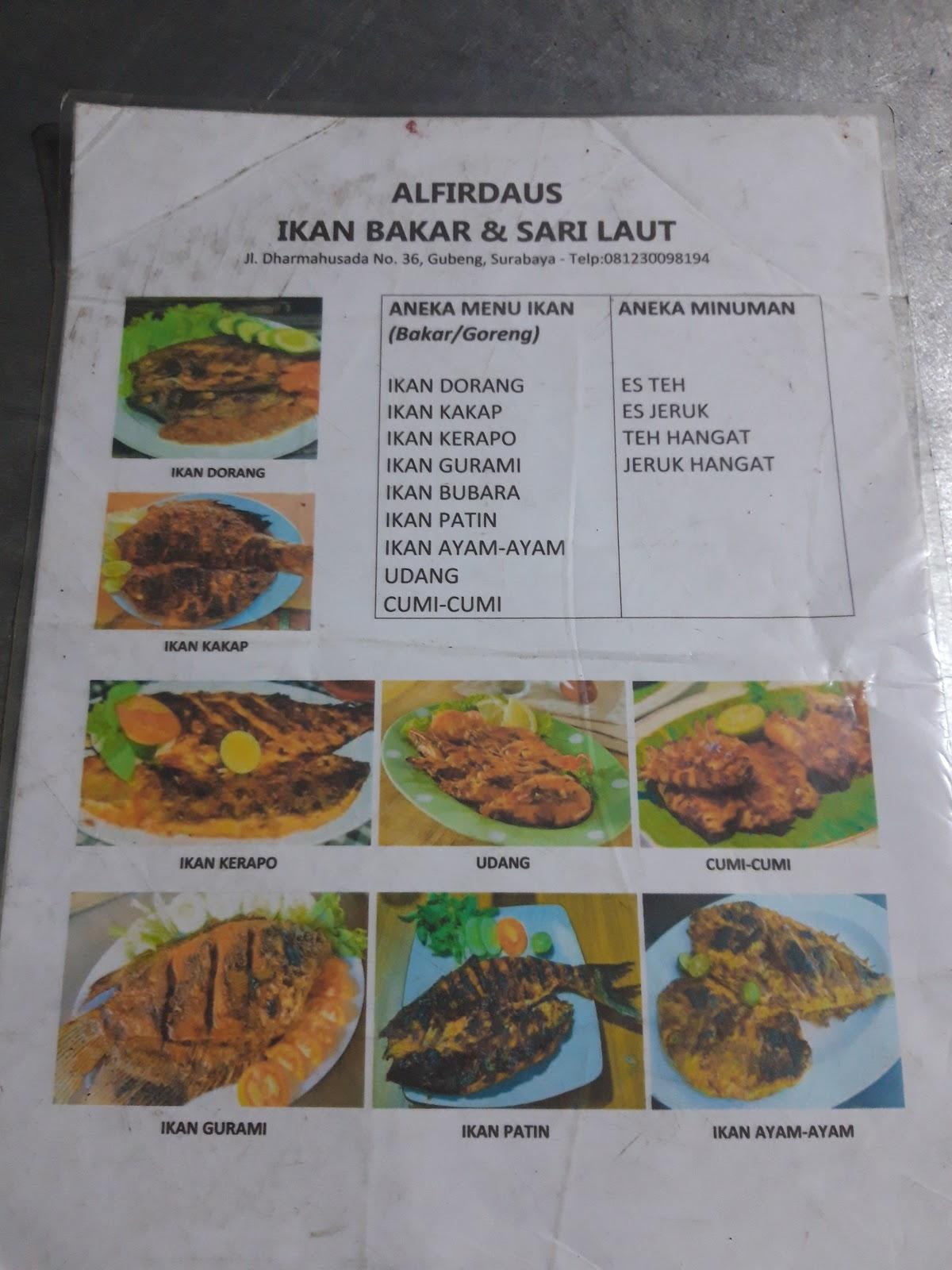 Menu at Ikan Bakar dan Sari Laut Al-Firdaus restaurant, Surabaya