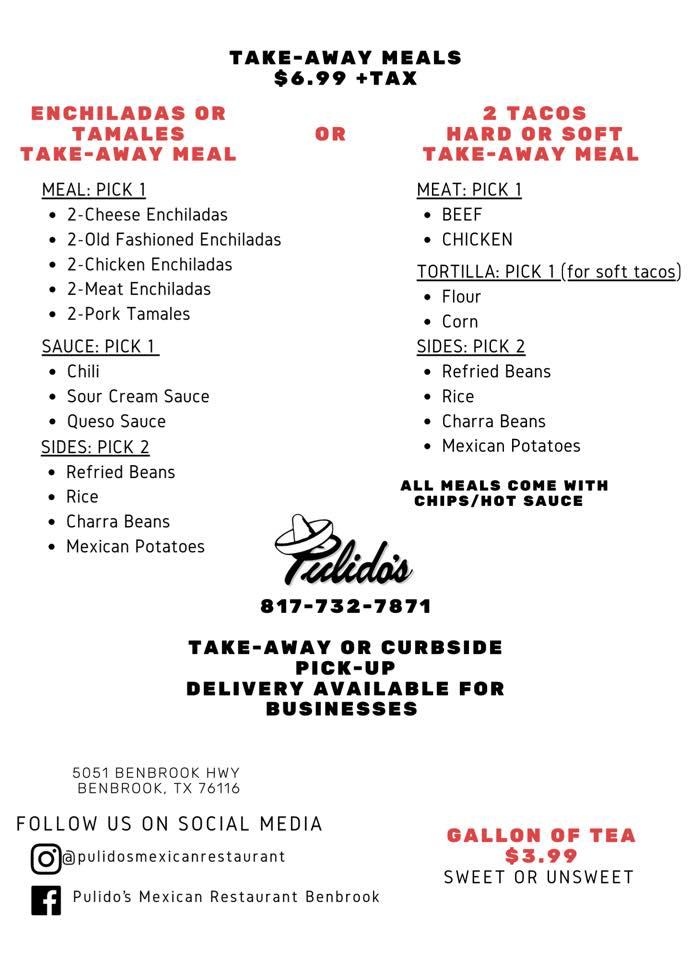 Menu at Pulido's restaurant, Benbrook, US-377