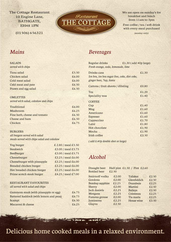 Menu at The Cottage restaurant, Bathgate