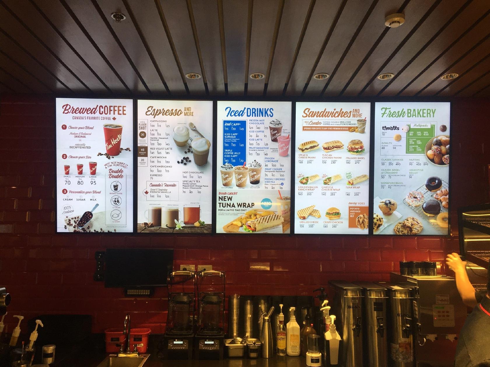 Menu at Tim Hortons cafe, Makati, West St