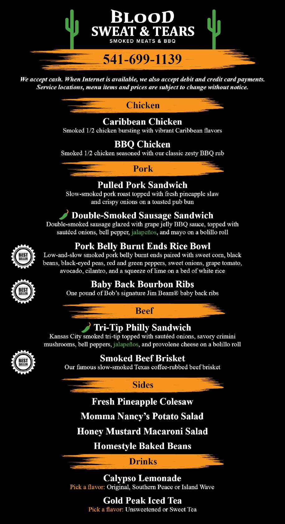 Menu at Blood, Sweat, & Tears Smoked Meats & BBQ, Madras