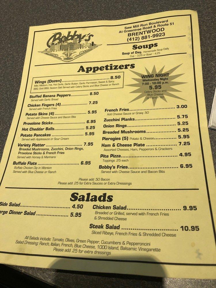 Menu at Bobby's Lounge pub & bar, Pittsburgh, Saw Mill Run Blvd