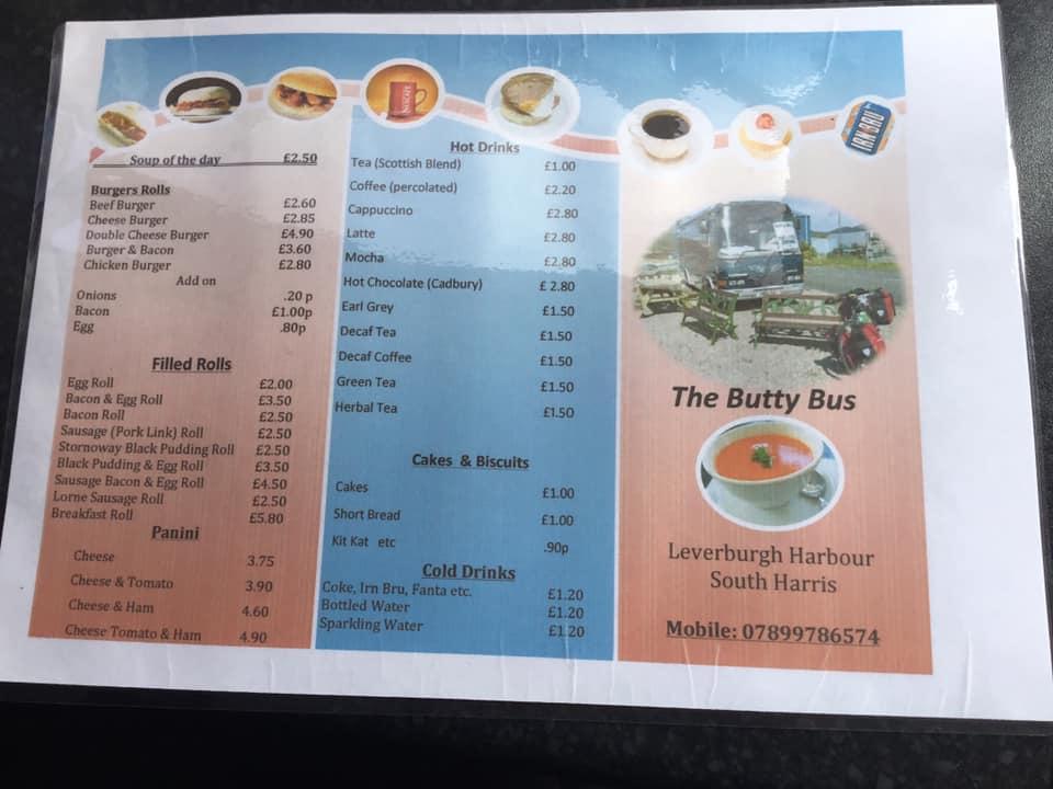 Menu at Butty Bus cafe, Leverburgh, Pier Rd