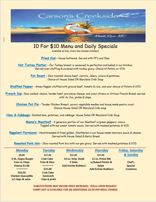 Menu at Carson's Creekside Restaurant, Middle River