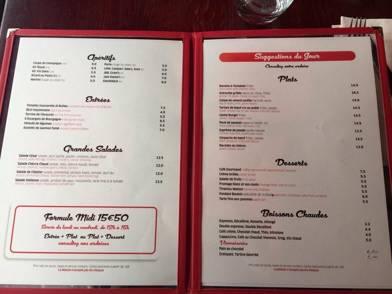 Menu at L'Atelier Suffren pub & bar, Paris