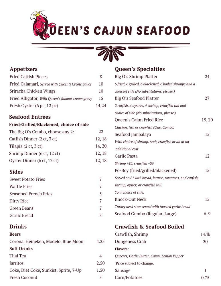 Menu at Queen's Cajun Seafood restaurant, Oakland
