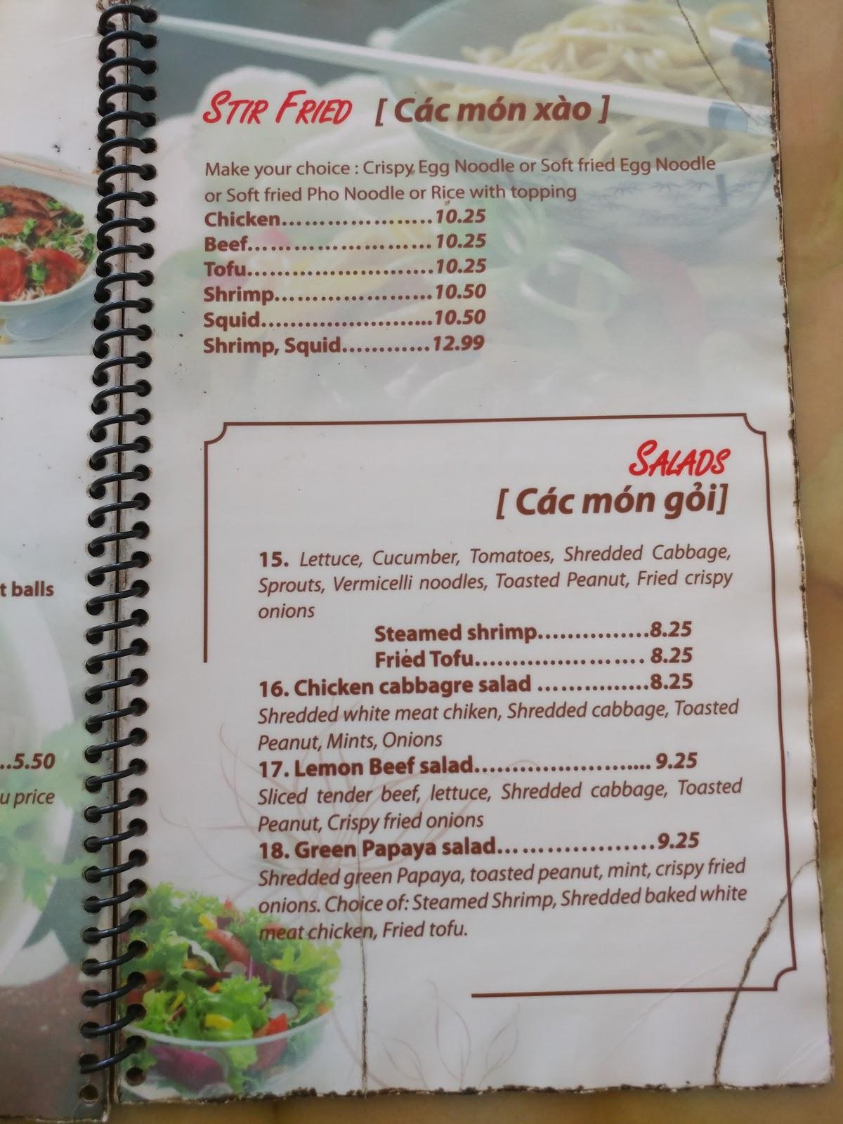 Menu at Saigon's Restaurant, Honolulu