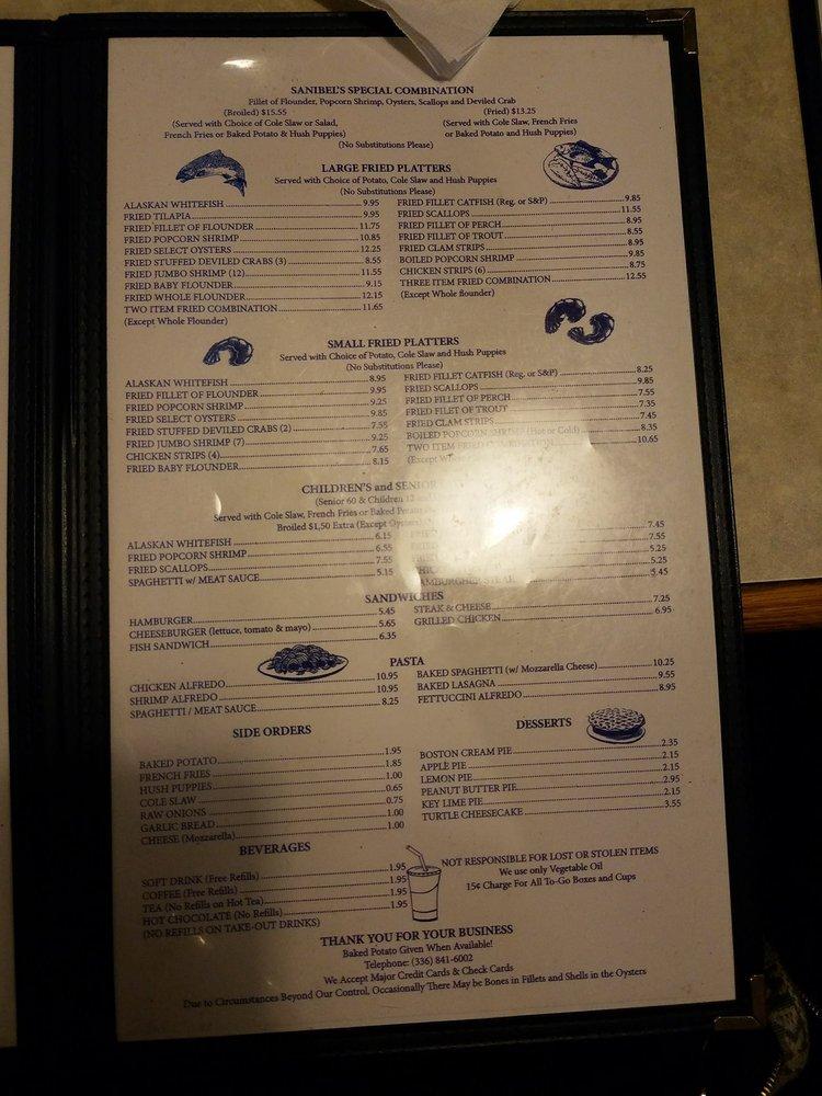 Menu at Sanibel's restaurant, High Point