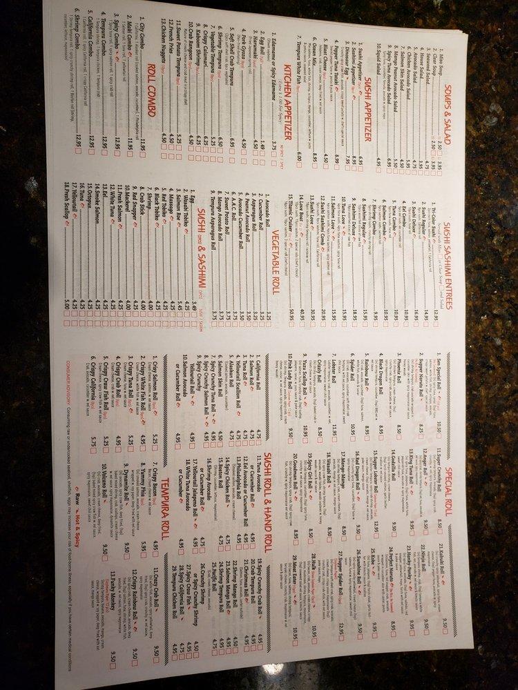 Menu at Sen Sushi & Hibachi Grill restaurant, Marion