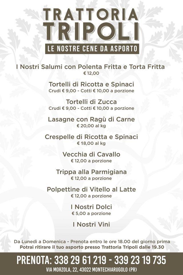 Menu at Trattoria Tripoli restaurant, Monticelli Terme, Via Morzola