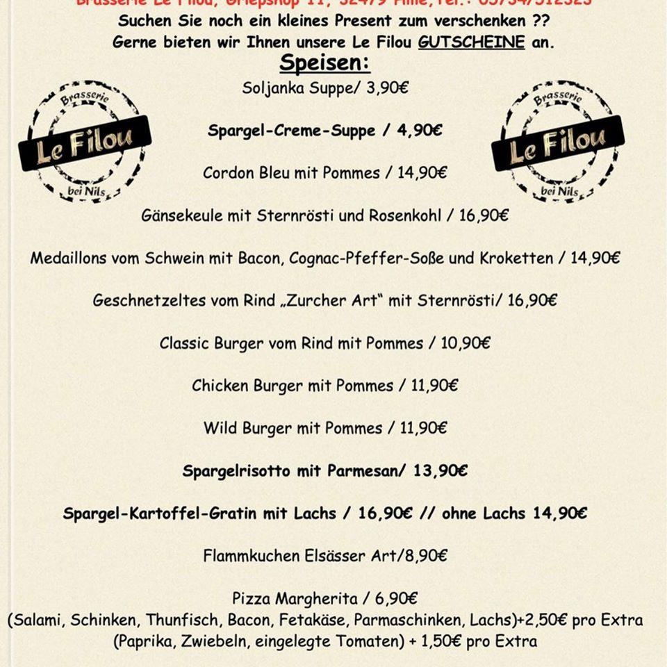 Speisekarte von Brasserie-Le-Filou Bei Nils restaurant, Hille
