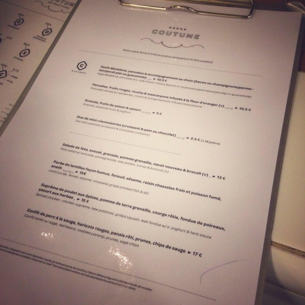 Menu at Coutume cafe, Paris, 47 Rue de Babylone