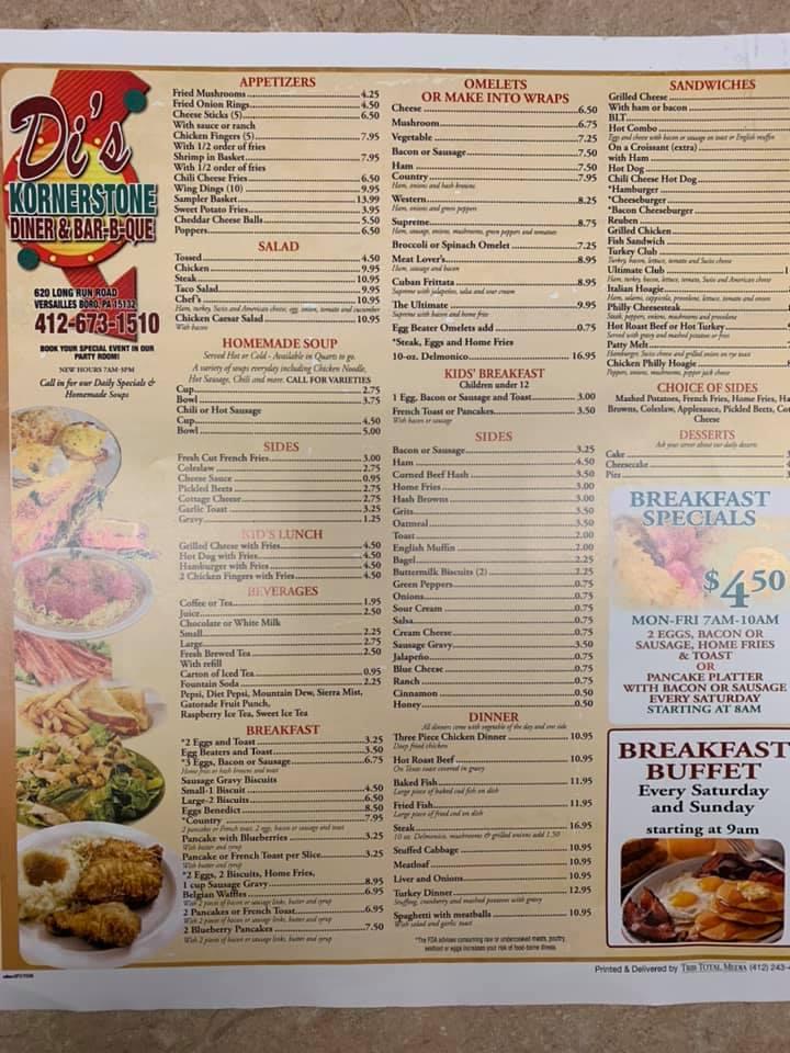 Menu at Di's Kornerstone Diner restaurant, McKeesport, 620 Long Run Rd
