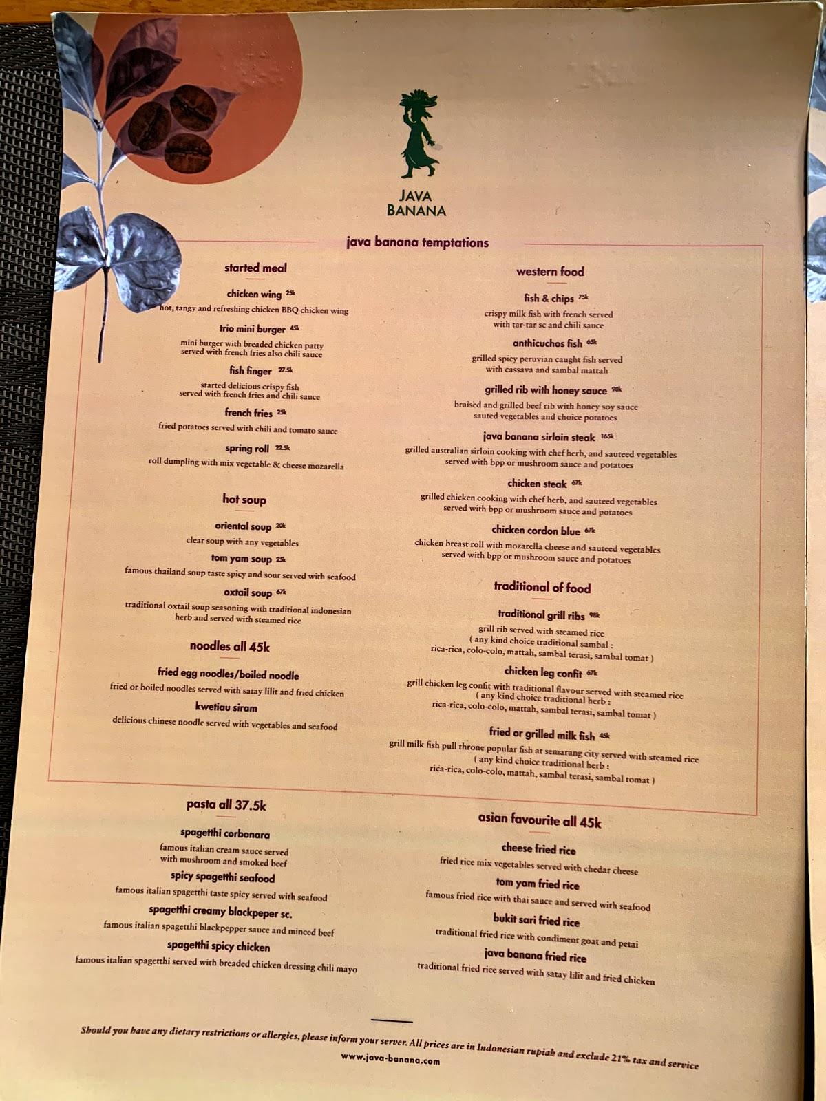Carta de Java Banana Cafe, Semarang