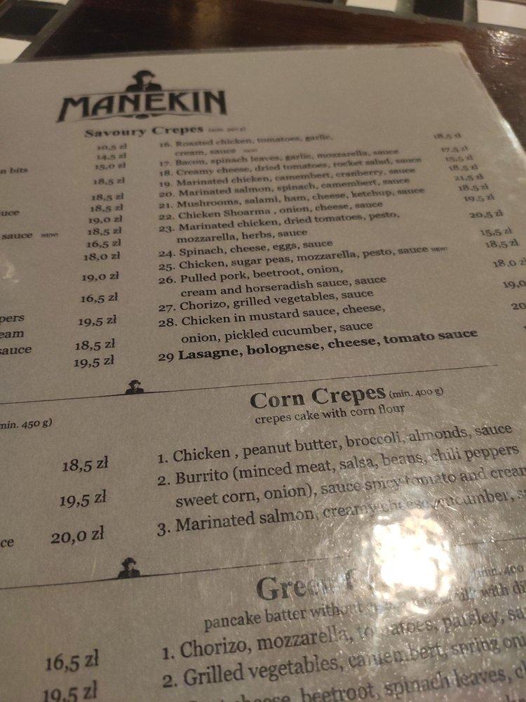 Menu at Manekin restaurant, Warsaw, Marszałkowska 140