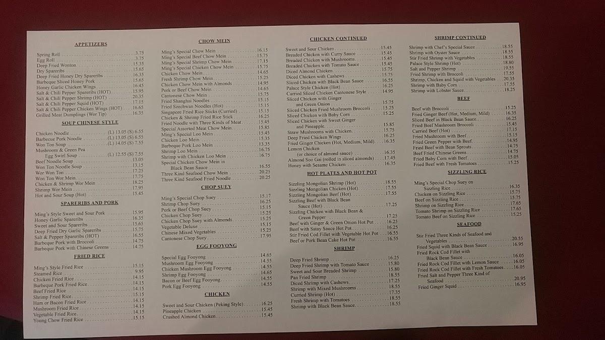 Menu at Mings Gardens restaurant, Cardston