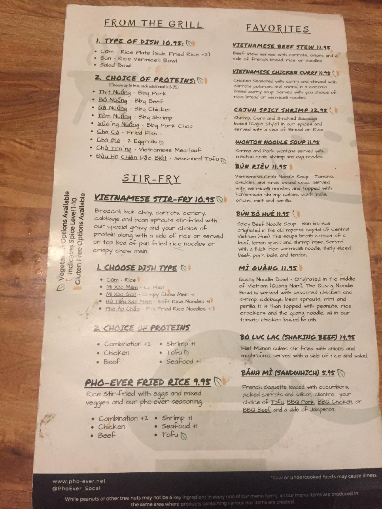 Menu at Pho-Ever restaurant, Encinitas