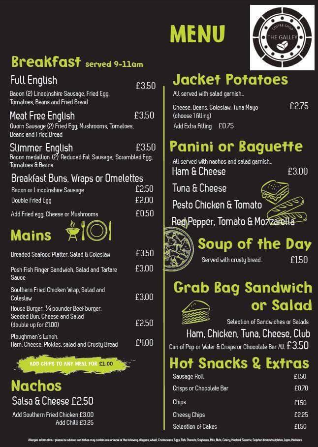 Menu at The Galley cafe, Grimsby