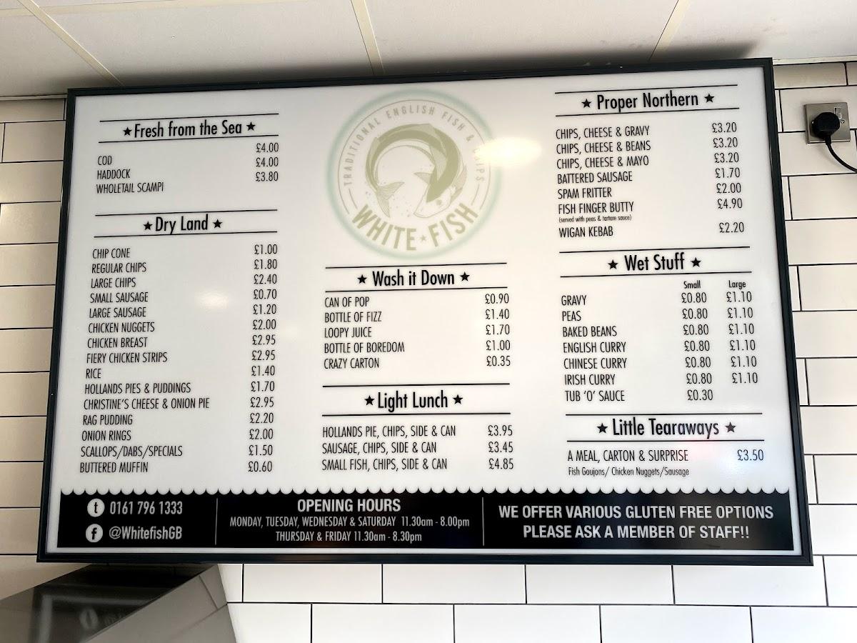 Menu at White Fish fast food, Bury, 63 Parr Ln