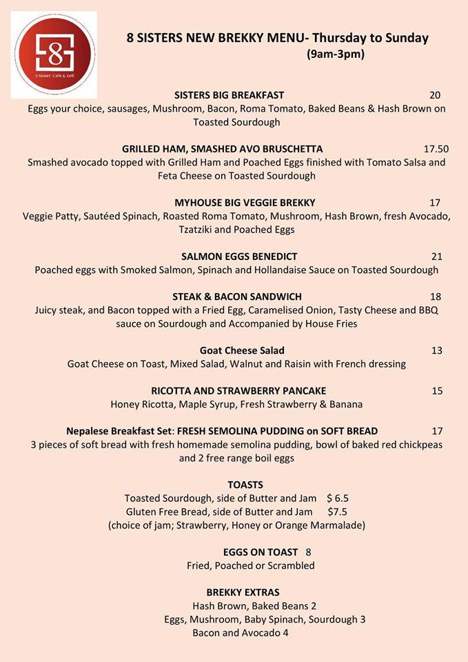 Menu at 8 Sisters Cafe & Grill, Bendigo
