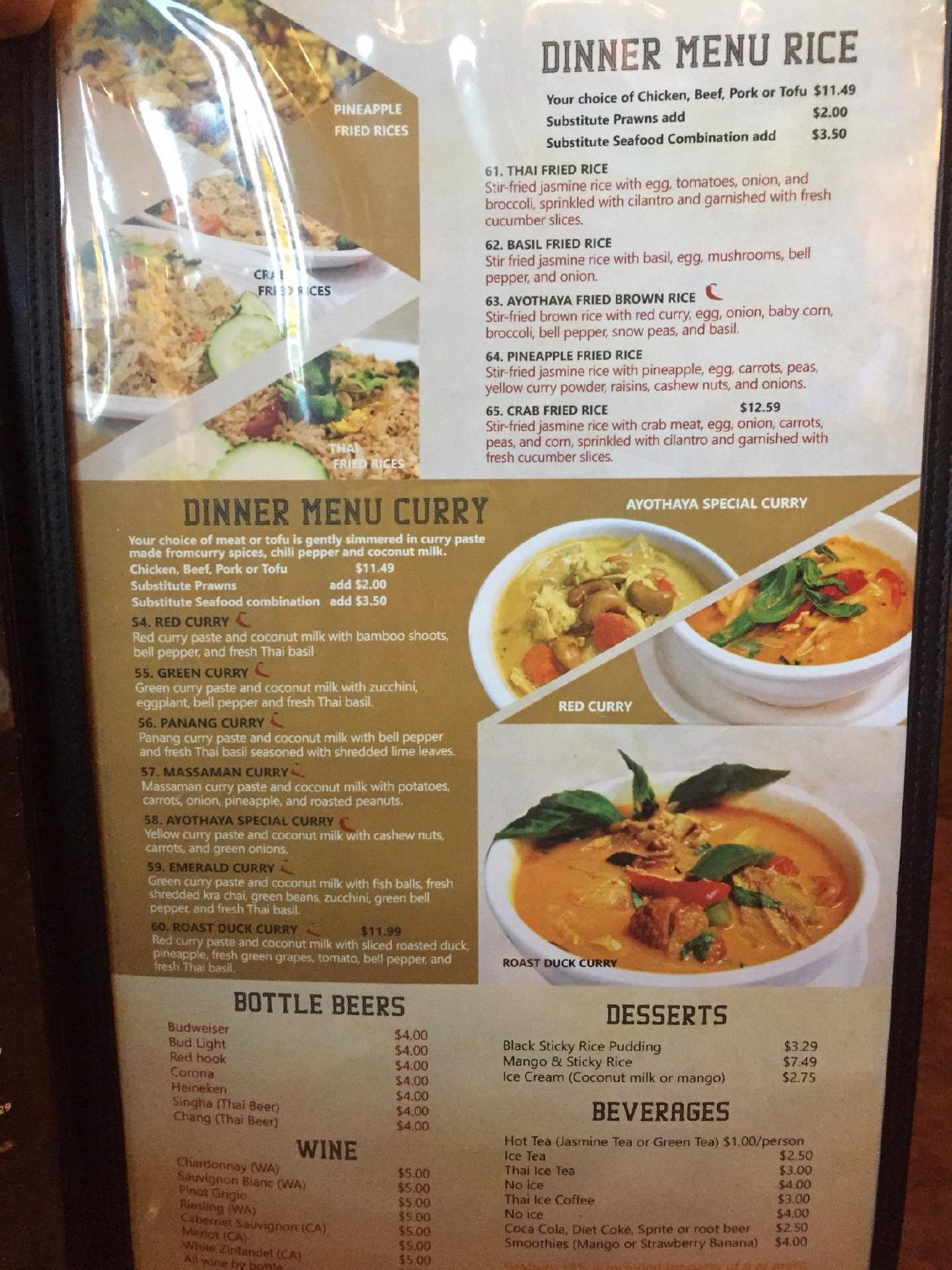 Menu at Ayothaya restaurant, Puyallup