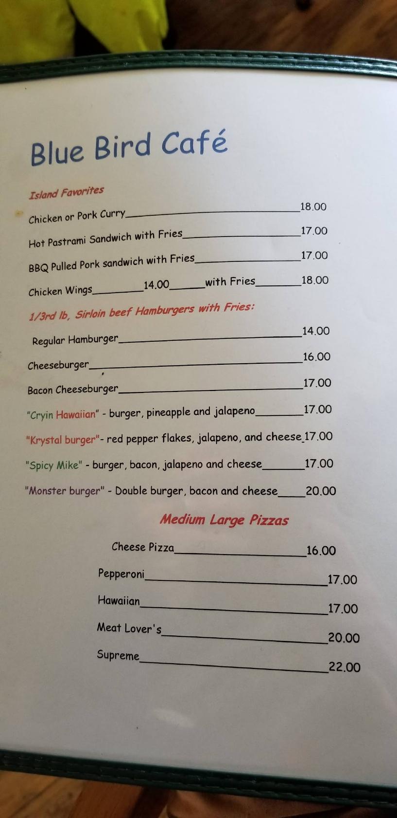 Menu at Blue Bird Cafe, Adak
