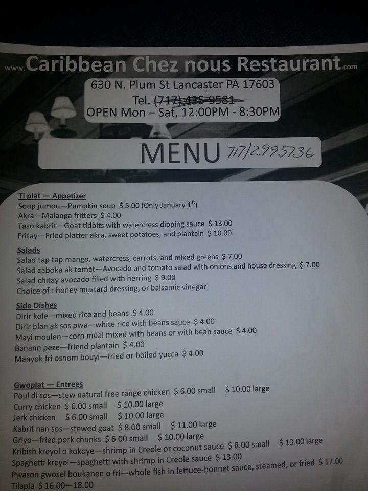 Menu at Caribbean Chez Nous restaurant, Lancaster