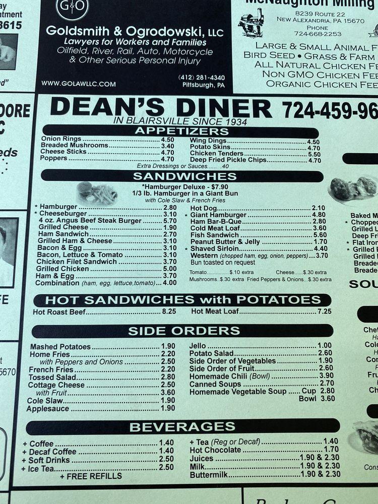 Menu at Dean’s Diner restaurant, Blairsville