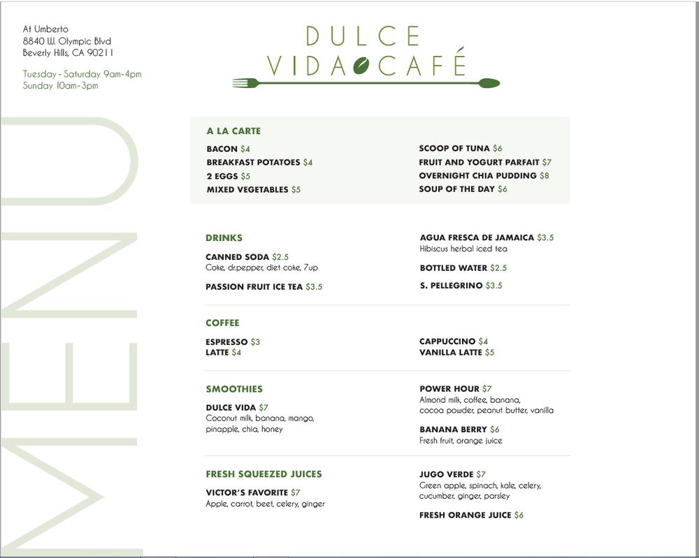 Carta de Dulce Vida Cafe, Beverly Hills