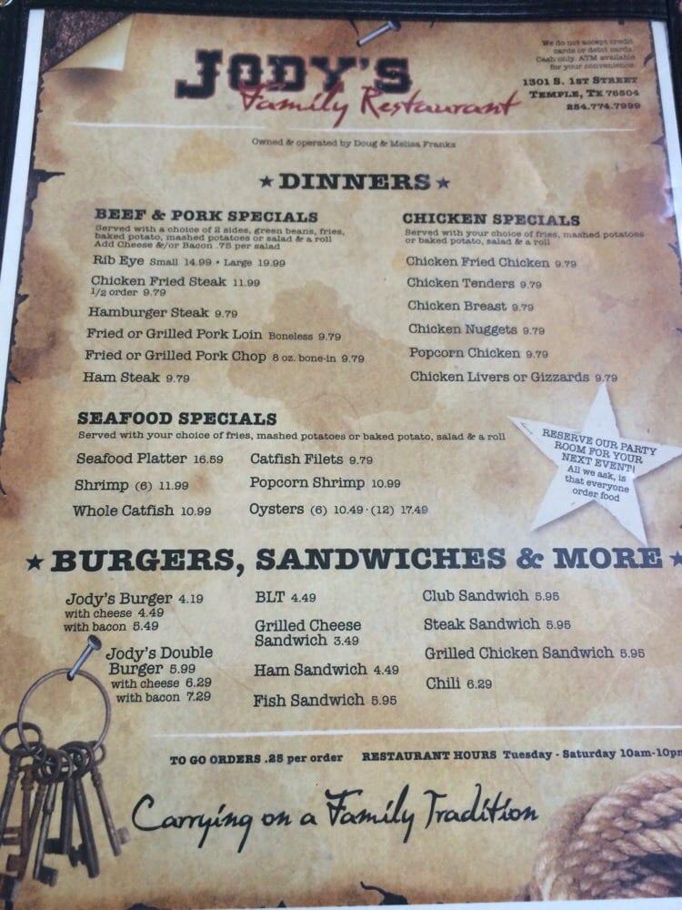 Carta de Jody's Family Restaurant, Temple
