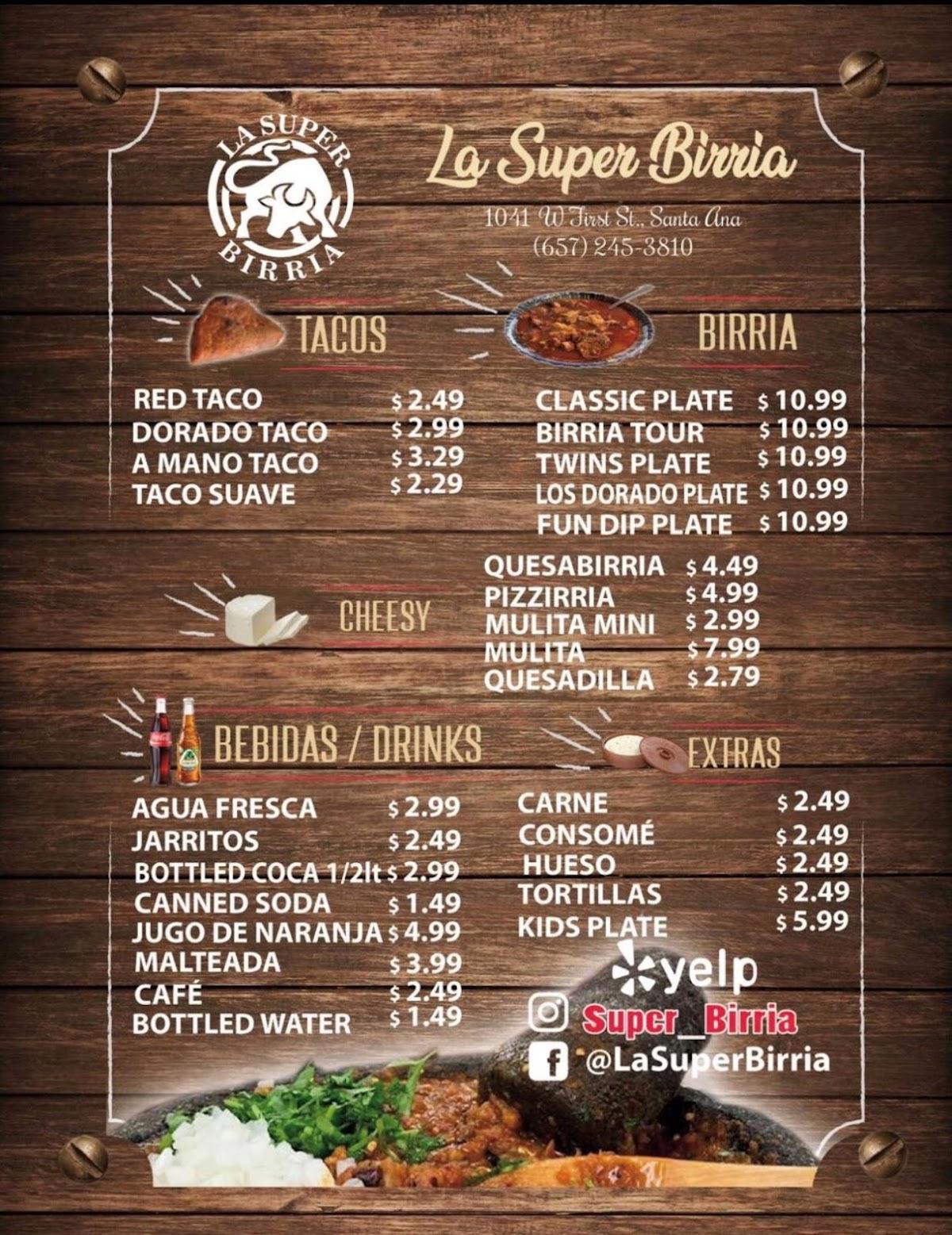 Menu at La Super Birria restaurant, Santa Ana