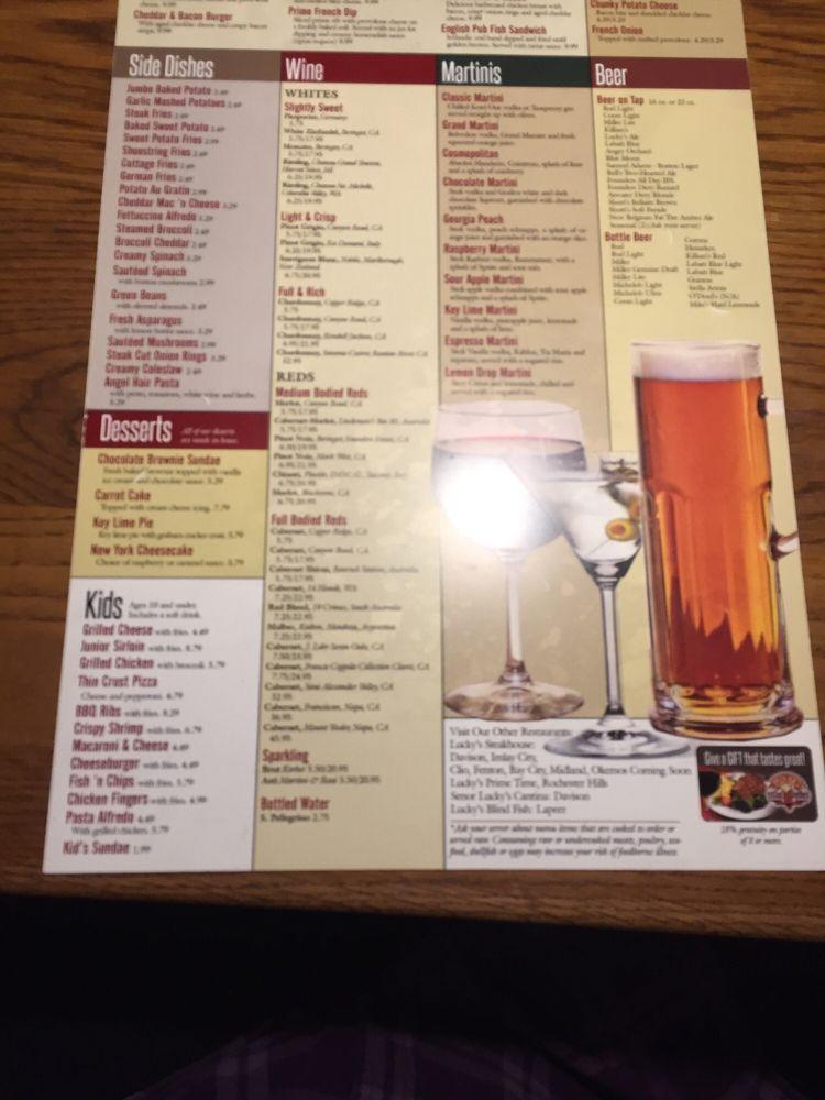 Menu at Lucky's Steakhouse, Bay City