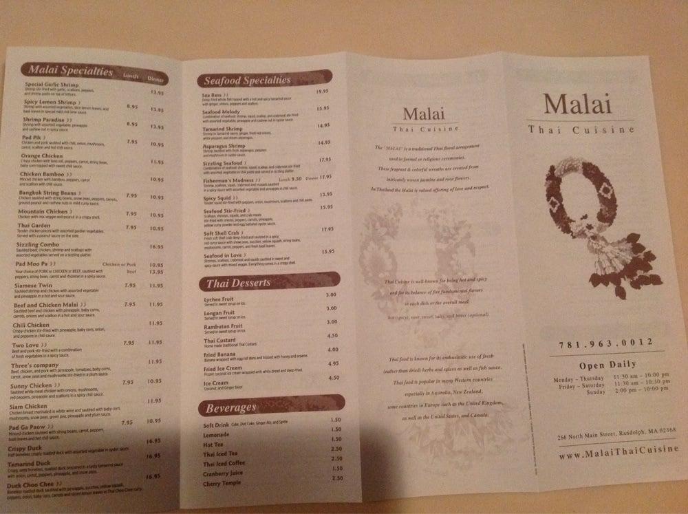 Menu at Malai Thai Cuisine restaurant, Randolph