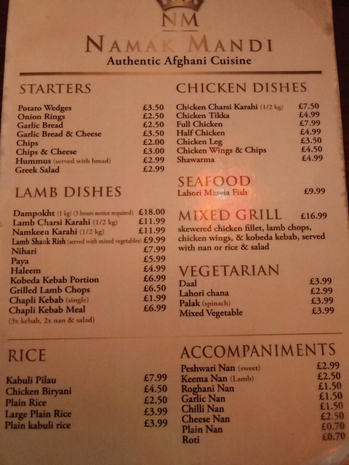 Menu at Namak Mandi restaurant, Glasgow
