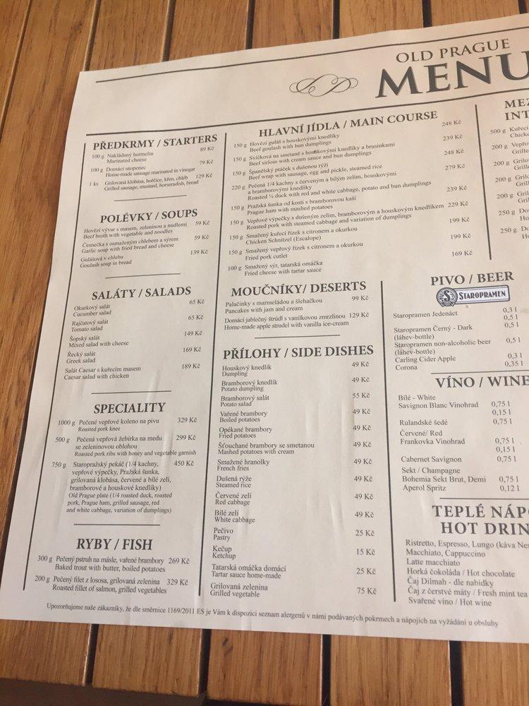 Menu at Old Prague Restaurant, Prague