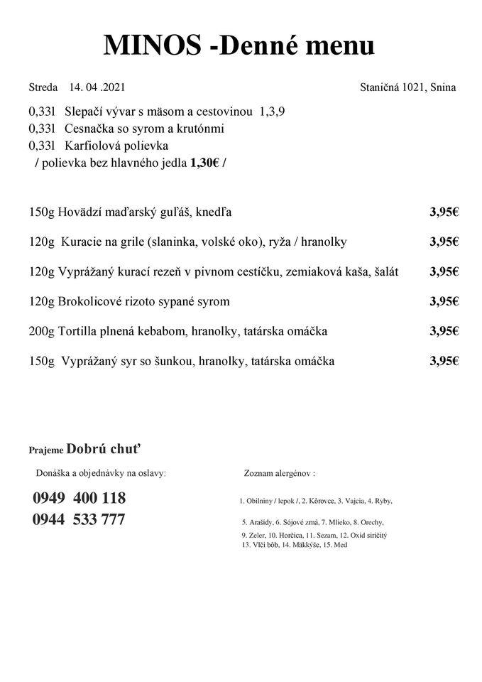 Menu at Minos restaurant, Snina