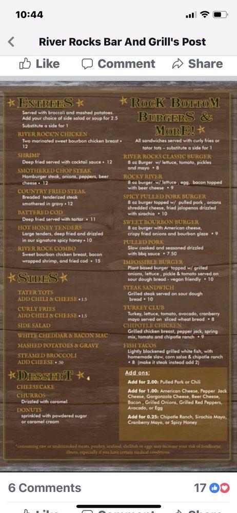 Menu at River Rocks Bar, Fort Madison