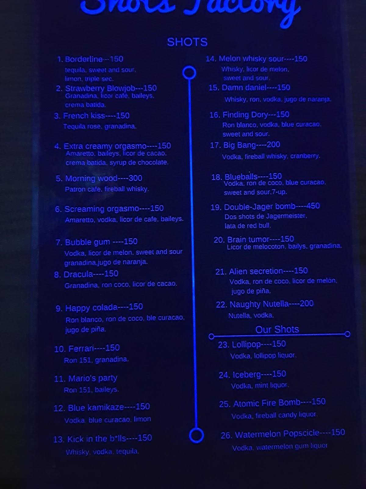 Menu at Shots Factory pub & bar, Santo Domingo