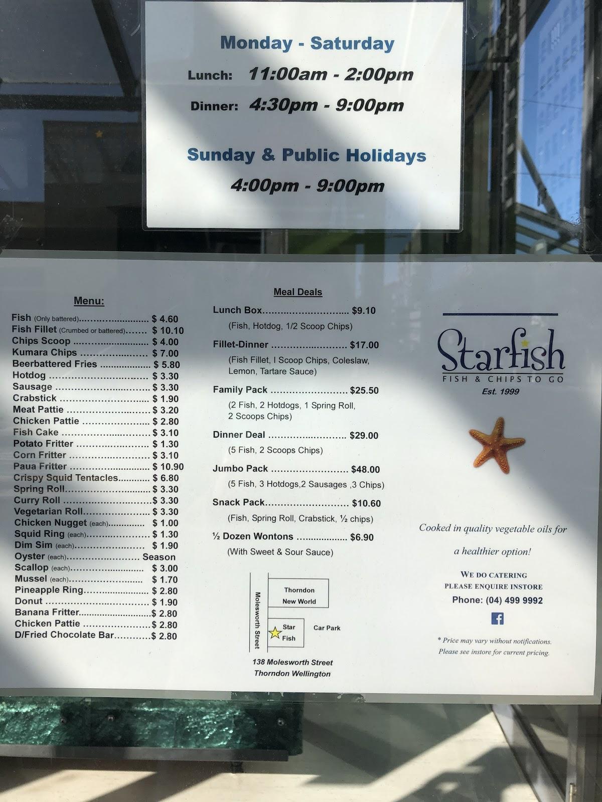 Menu at Starfish Fish & Chips To Go restaurant, Wellington