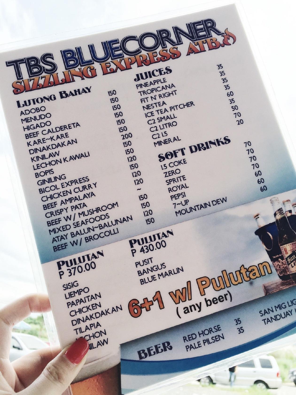 Menu at TBS Blue Corner restaurant, Santa Rosa