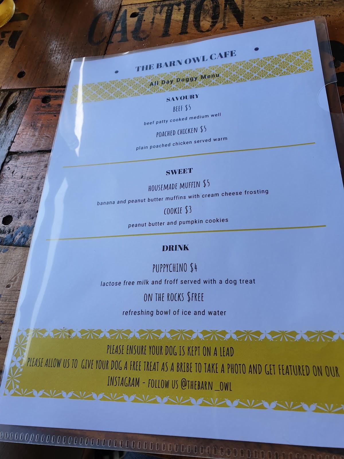 Menu at The Barn Owl Cafe, Silvan
