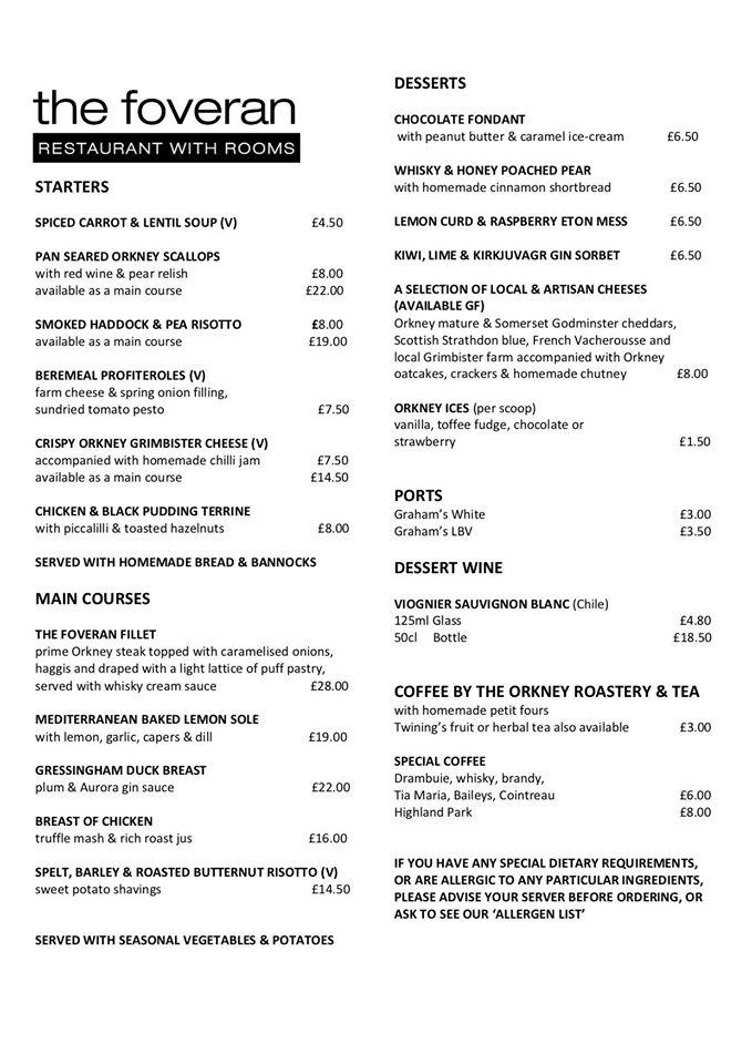 Menu at The Foveran restaurant, Kirkwall