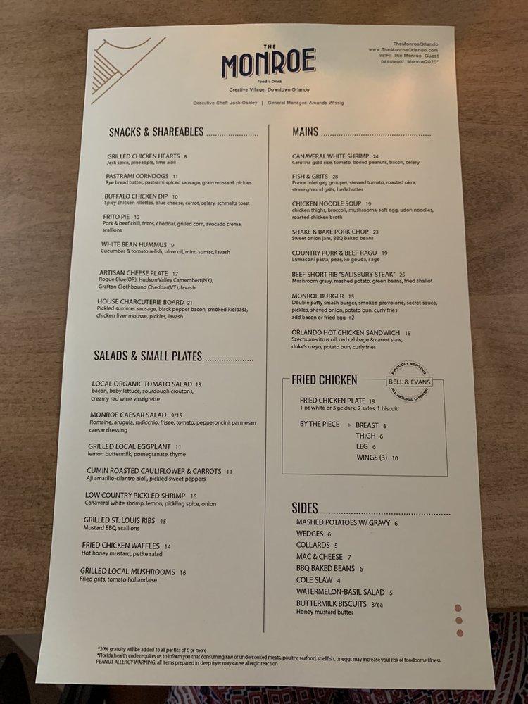 Menu at The Monroe pub & bar, Orlando