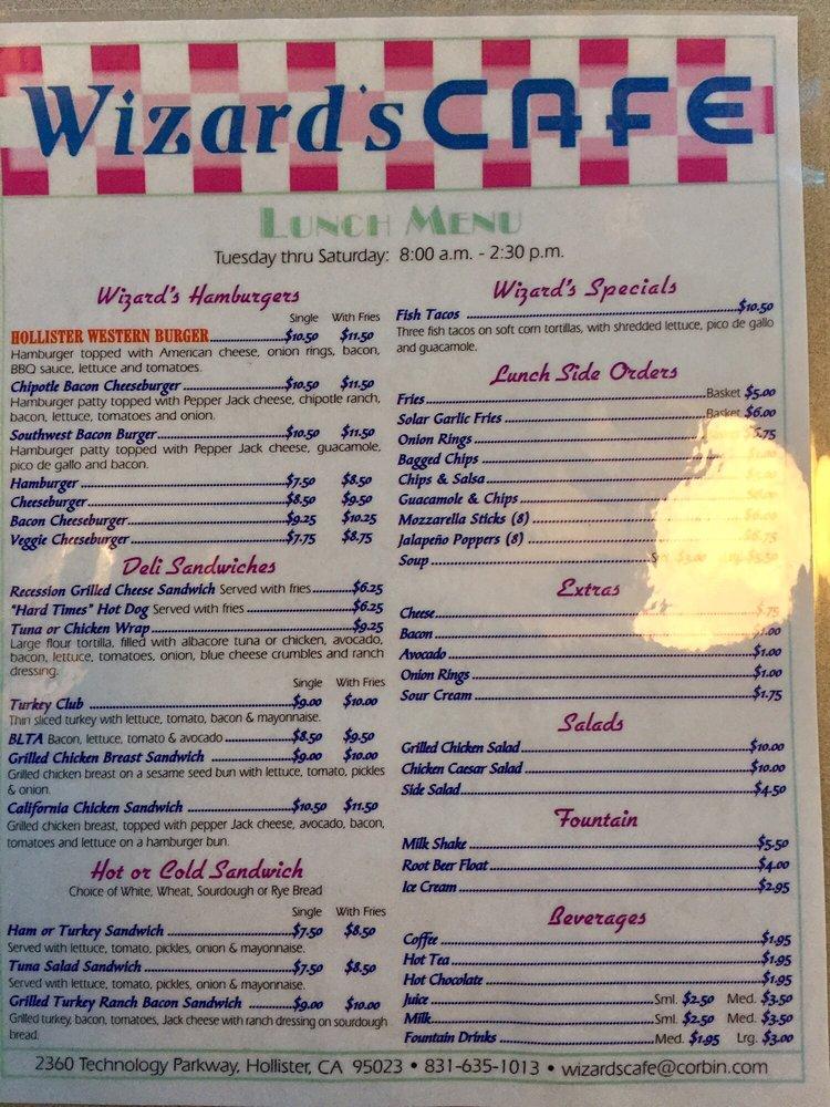 Menu at Wizards Café At Corbin cafe, Hollister