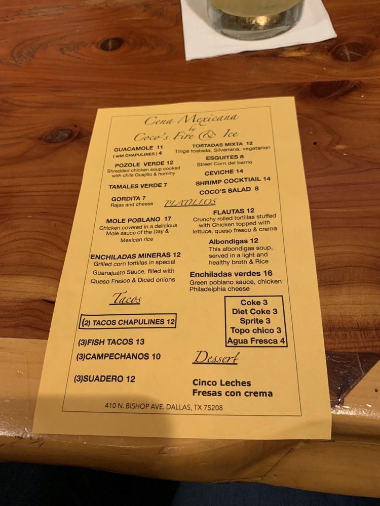 Menu at Coco’s Fire & Ice restaurant, Dallas
