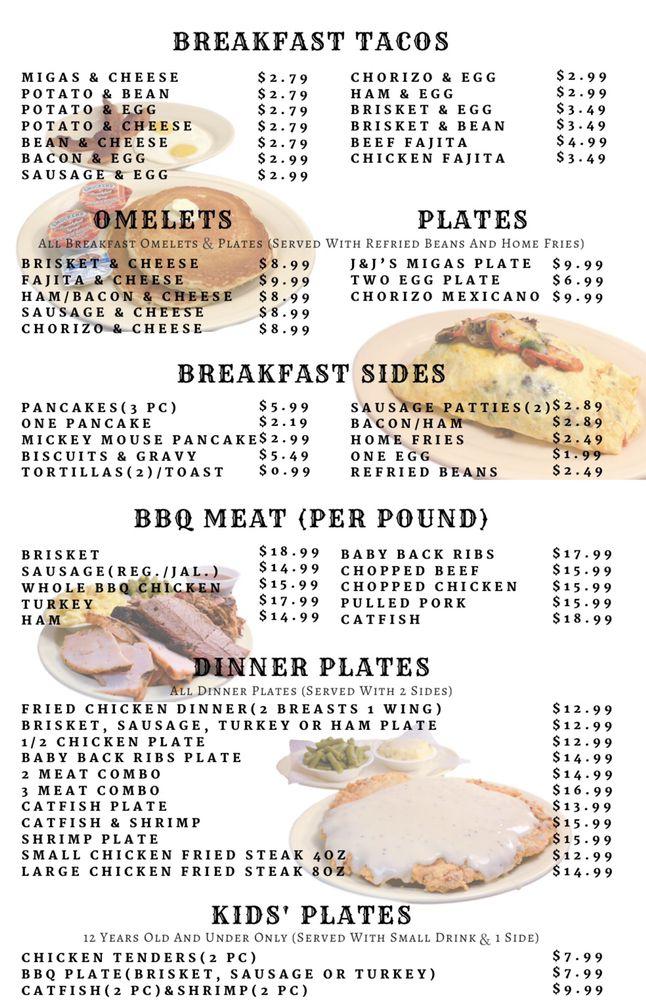 Menu at J&J BBQ & Burgers, Lago Vista