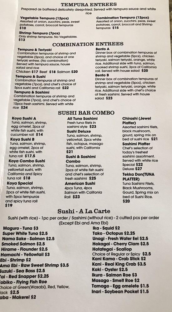 Menu at Koya Japan restaurant, Highland Park
